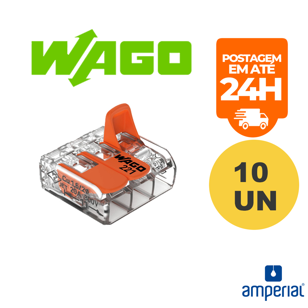 Kit 10 Conectores Terminal Wago Original - 3 Pólos 221-413 Para Cabos e ...