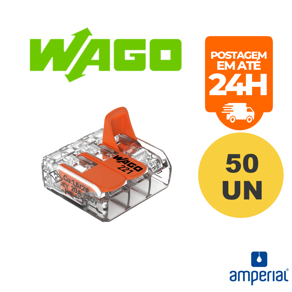 Kit 50 Conectores Terminal Wago Original - 3 Pólos 221-413 Para Cabos e ...